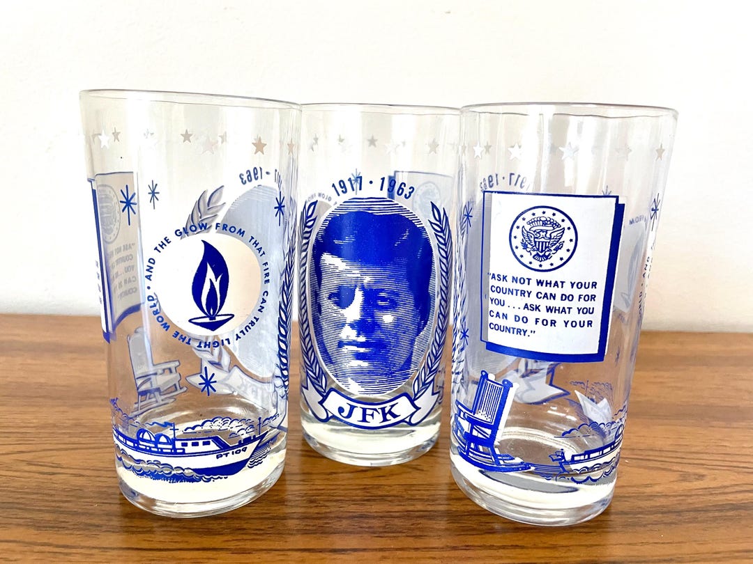 5 JFK Memorial Drinking Glasses, John F Kennedy Tumblers, Blue & White ...
