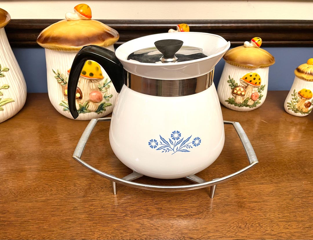 Corning Blue Cornflower Tea Kettle, Corningware Cornflower Blue Dripolator Pot and Cradle, 60s ...