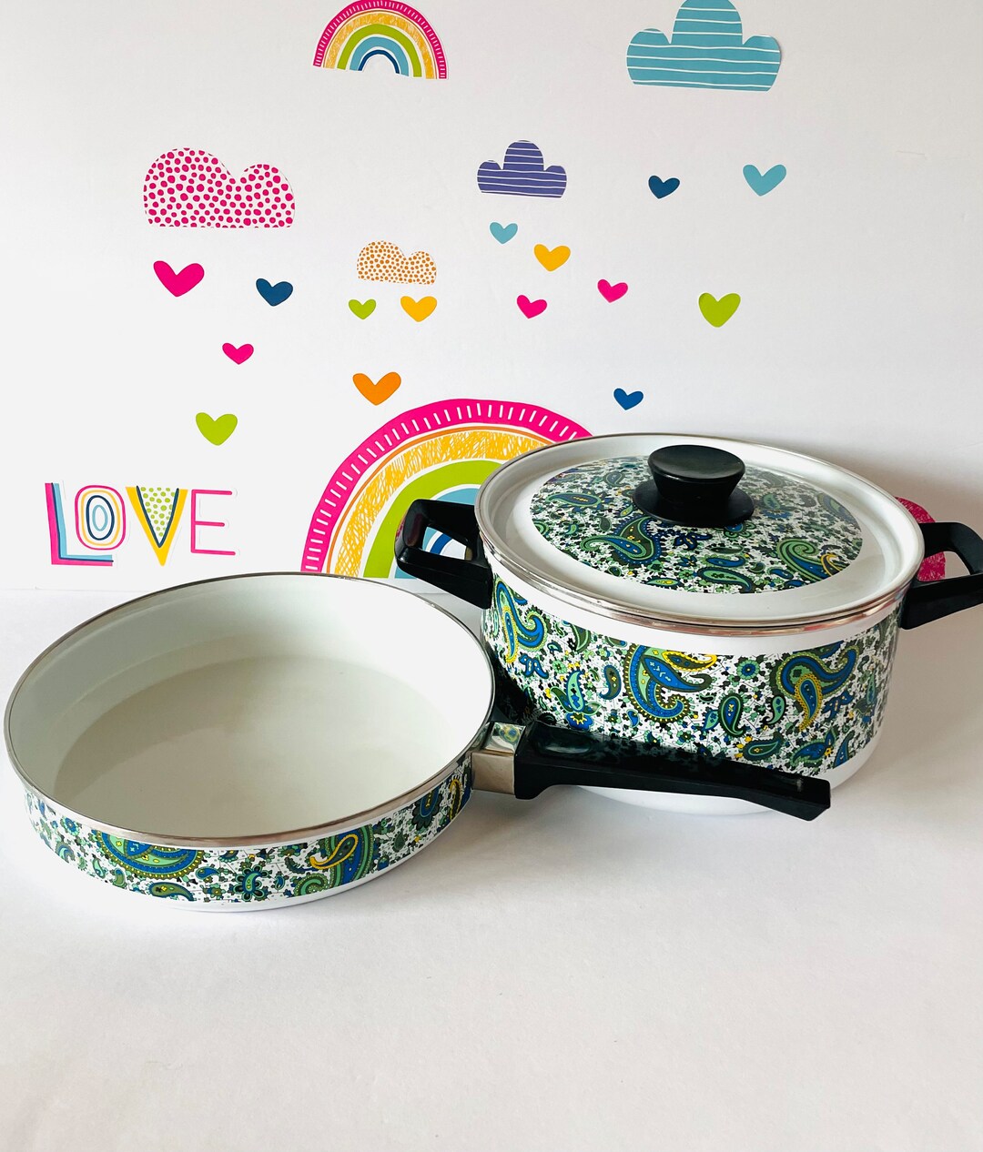 1970s Fancipans Enamel Dutch Oven and Frying Pan, Blue & Green Paisley ...