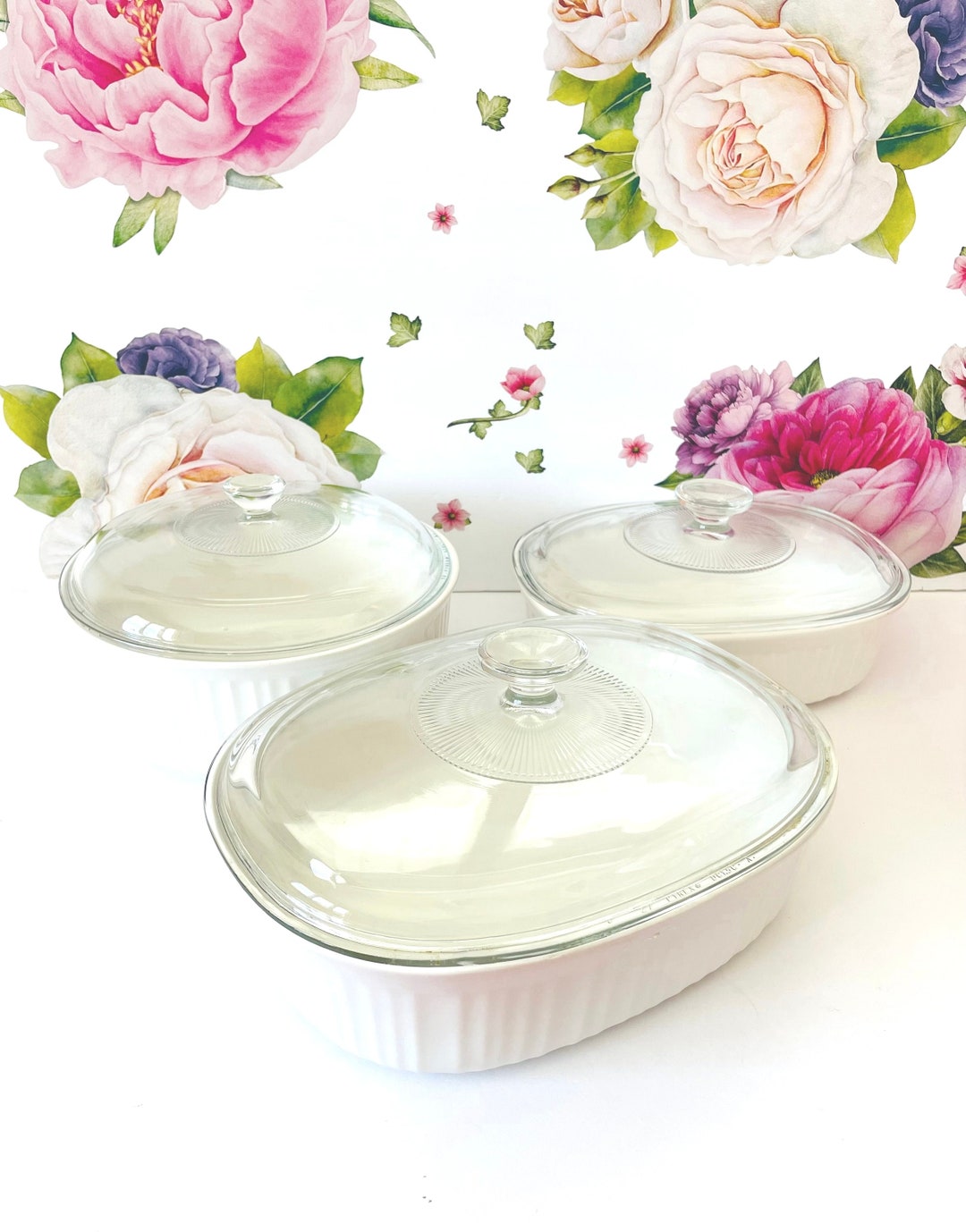 Three Corning French White Covered Casseroles, 3 Corning Ware White ...