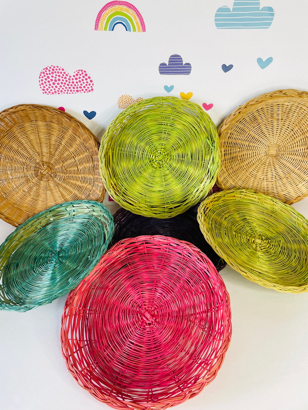 7 Colorful Vintage Wicker Paper Plate Holders, Rainbow Wicker Paper ...