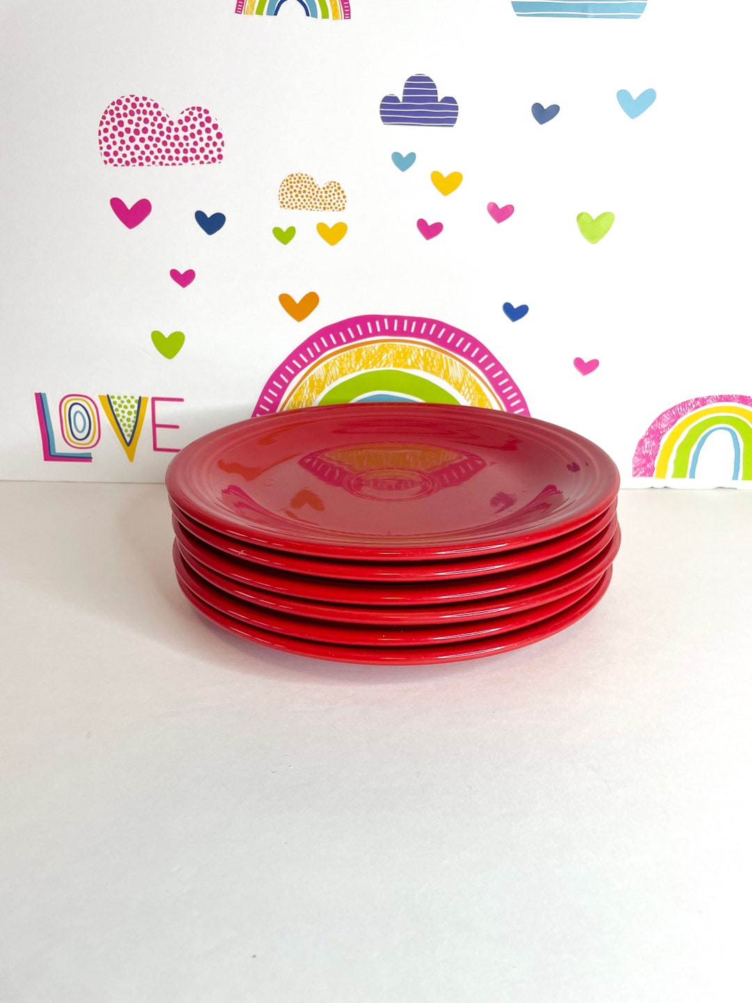 7 Fiesta Scarlet Red HOMER LAUGHLIN Dinner Plates, 7 Fiestaware Bright ...