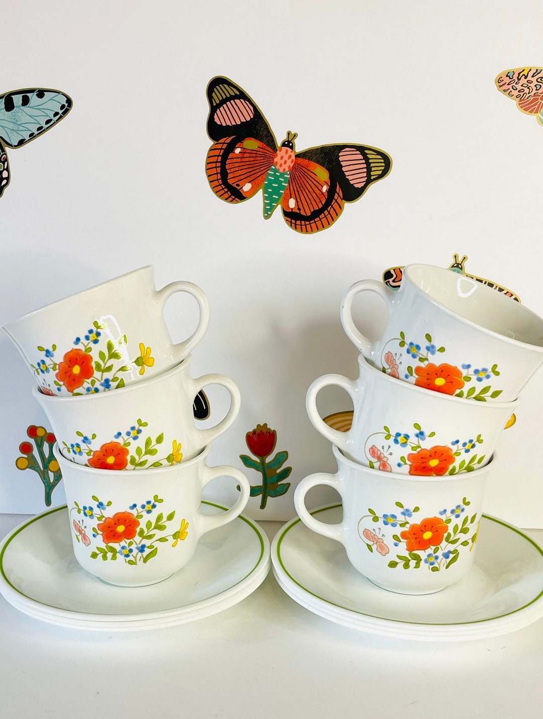 6 Corelle Wildflower Cups and Saucers, Corningware Wildflower Mugs, Set ...