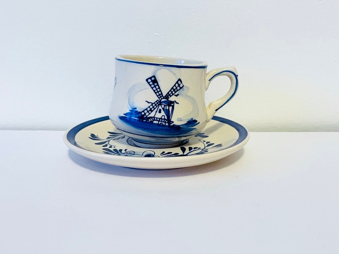 Delft Espresso Cup and Saucer, Holland Windmill Blue and White Coffee ...