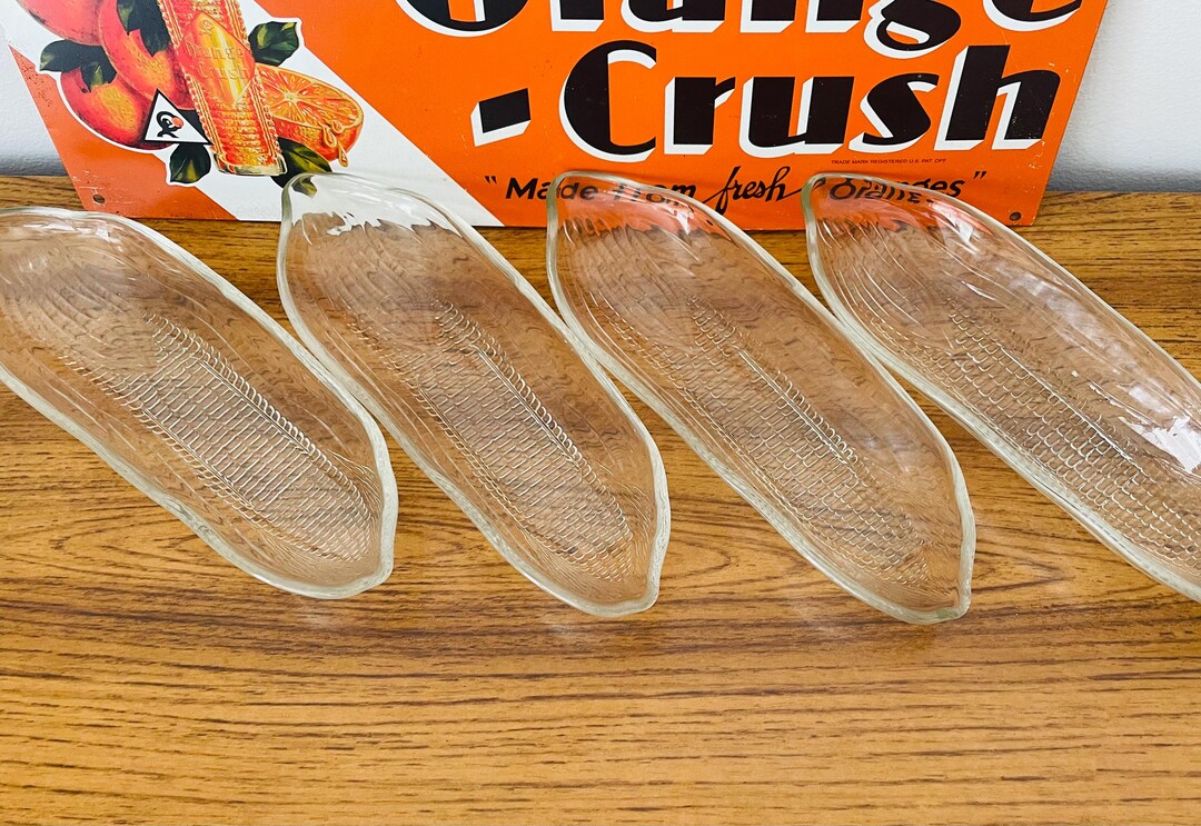 4 Mid Century Glass Corn Cob Holders, Set of Four Corn Cob Trays, Heavy ...