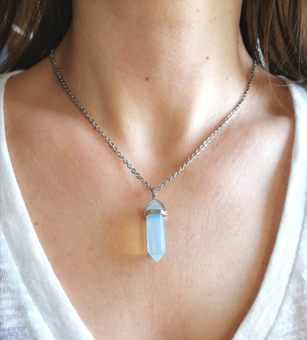 Crystal Point Healing Crystal Choker Necklace, Opalite Pendant Necklace ...