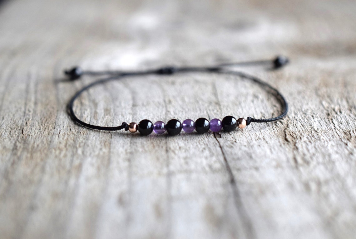 Black Tourmaline Bracelet With Amethyst Black String - Etsy