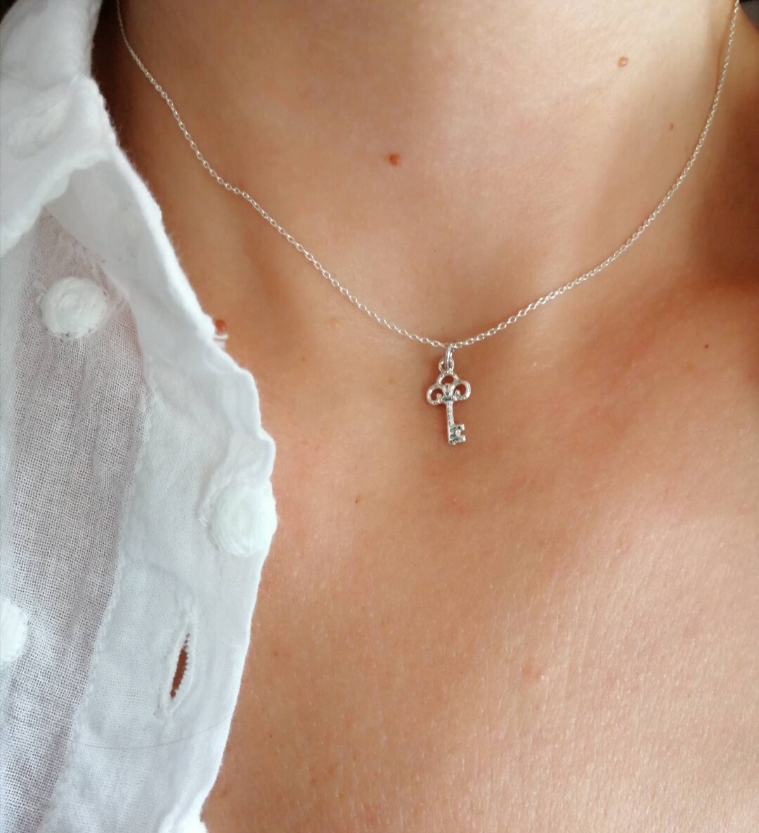 Tiny Silver Chain Necklace With Key Pendant, Charm Necklace, Gift for ...