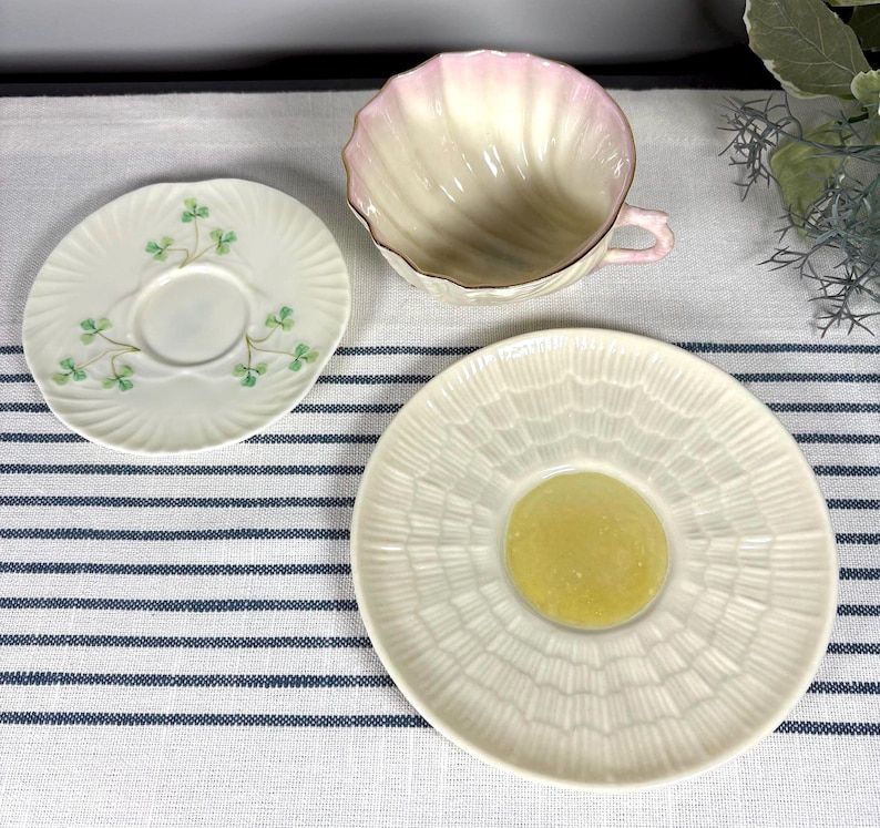 Vintage Belleek Ireland: Shamrock Sugar Bowl, Neptune Cup and Saucer ...