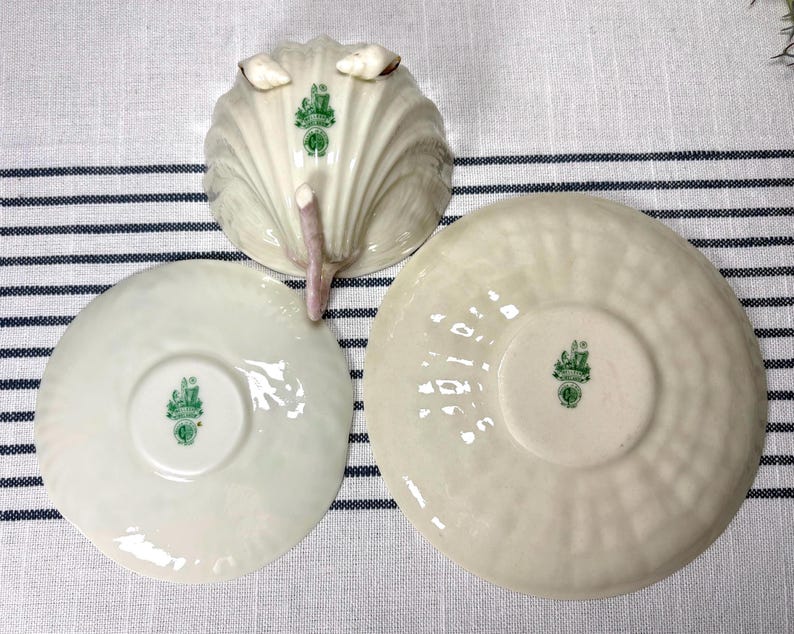 Vintage Belleek Ireland: Shamrock Sugar Bowl, Neptune Cup and Saucer ...