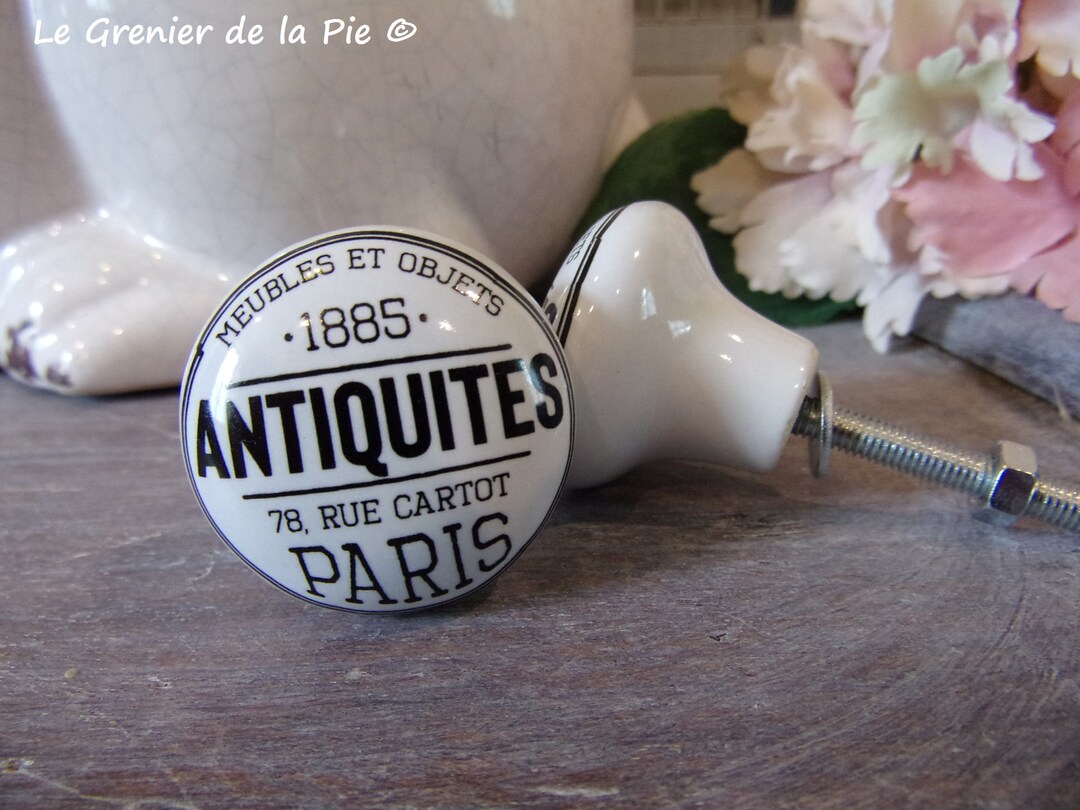 1 Round Drawer Knob Antiquités Paris in Black White Ceramic Decoration ...