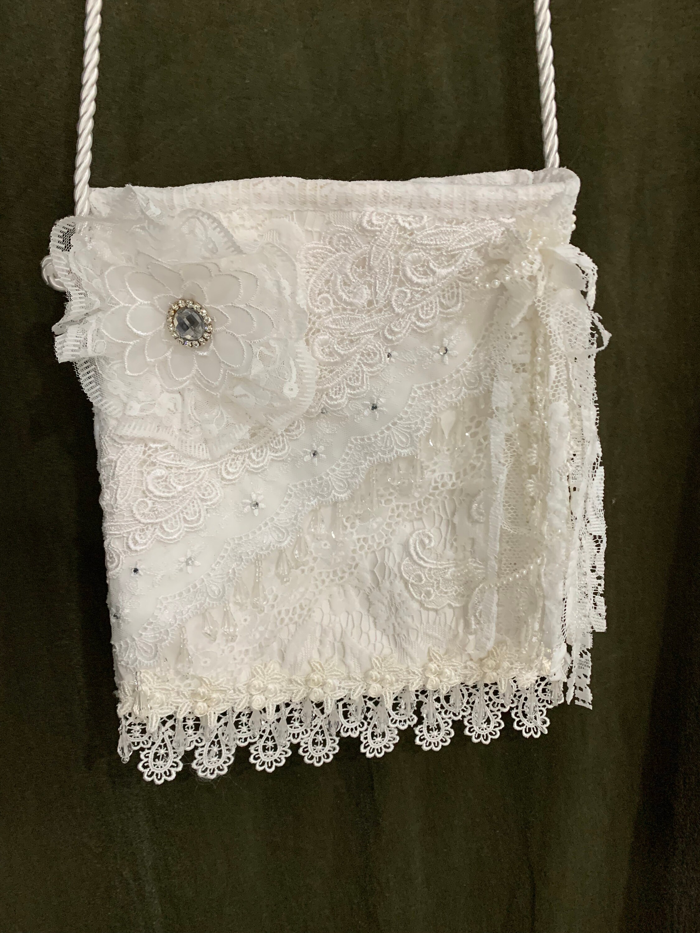 White Lace Corded Bag With Zipp Closure and Decorative Pocket - Etsy