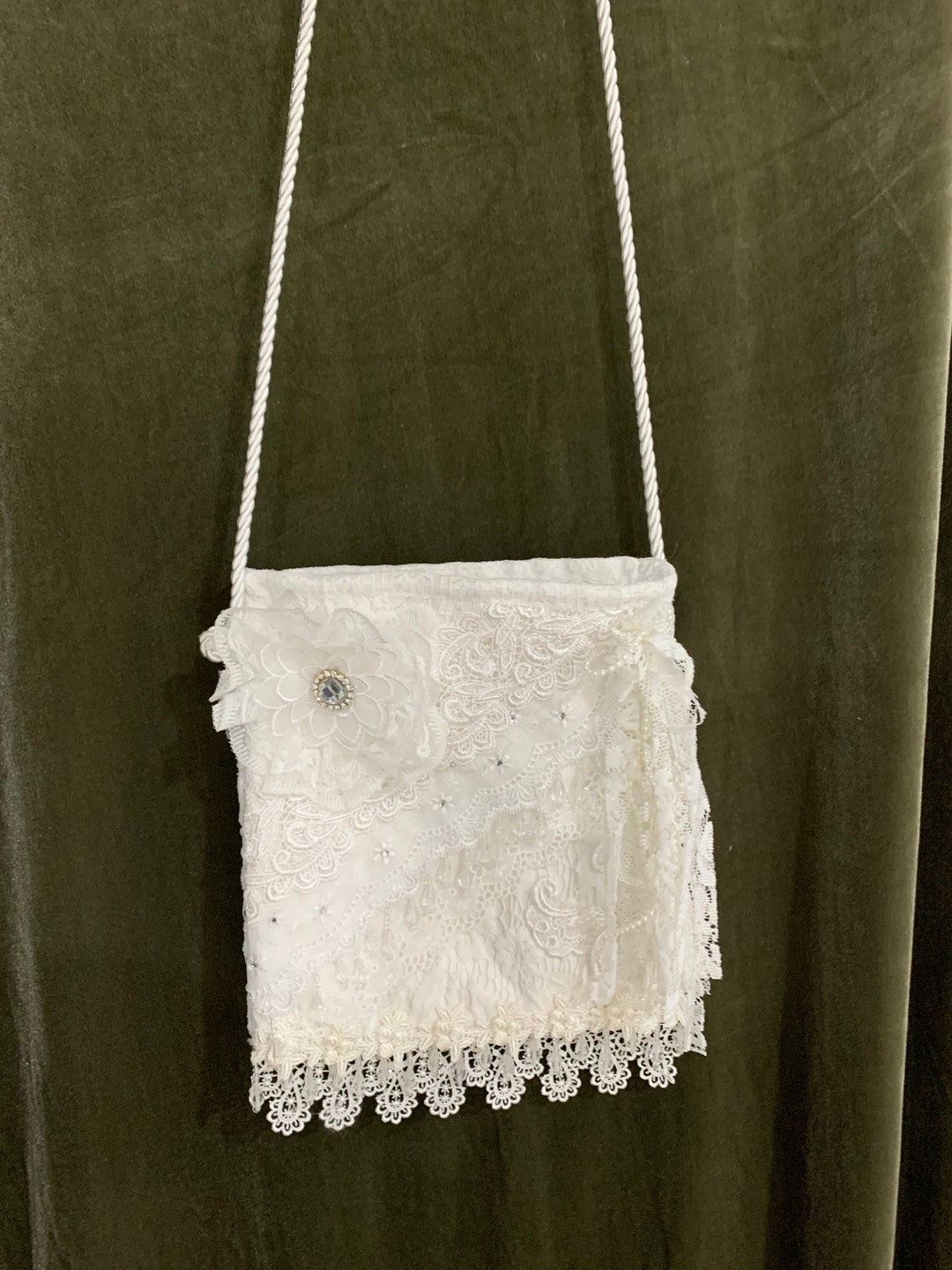 White Lace Corded Bag With Zipp Closure and Decorative Pocket - Etsy