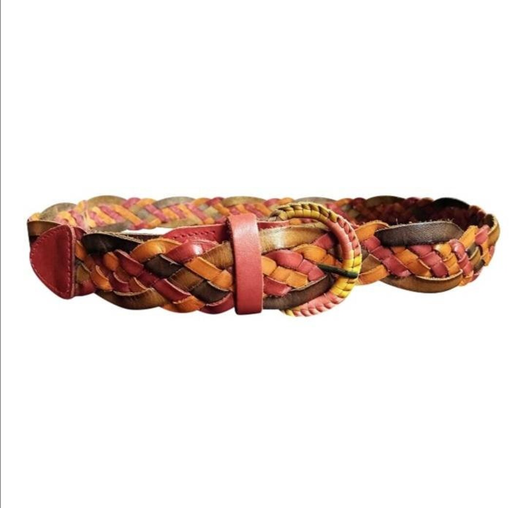 Vintage 80 Belt Woman Leather Braided Red Orange Light Brown Dark Brown ...