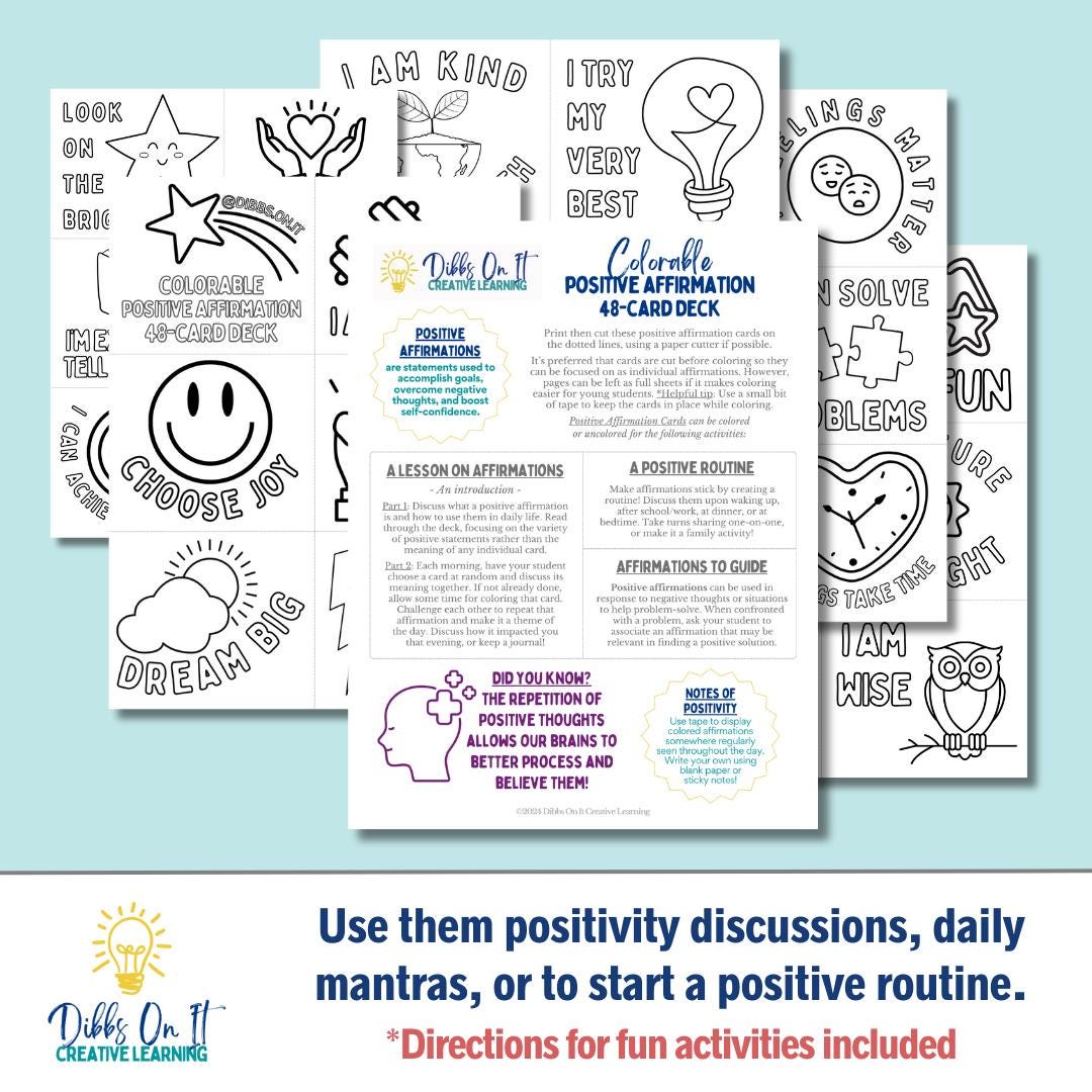 Mindful Positive Affirmation Cards, Colorable Family-friendly Deck ...