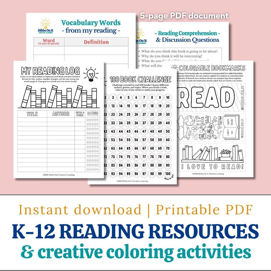 Reading Resource Bundle for Kids, Colorable Log, Bookmarks, Book Goals ...