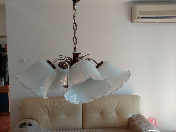 Vintage Pendant Lamp With 5 Milk Glass Flower Shades/ 70's | Etsy