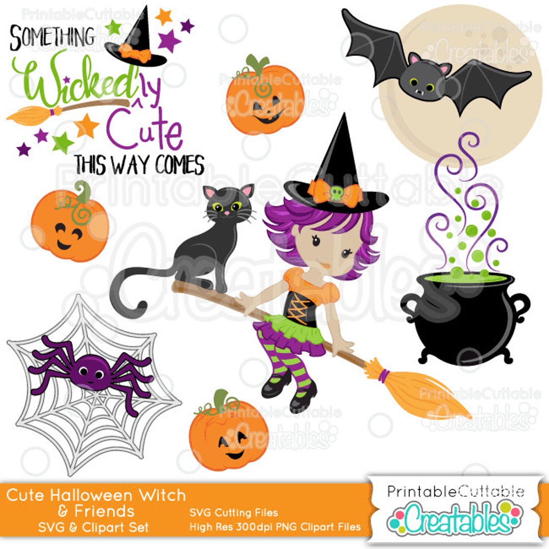 Cute Witch + Halloween Friends SVG Set Cut File & Clipart ES023 ...