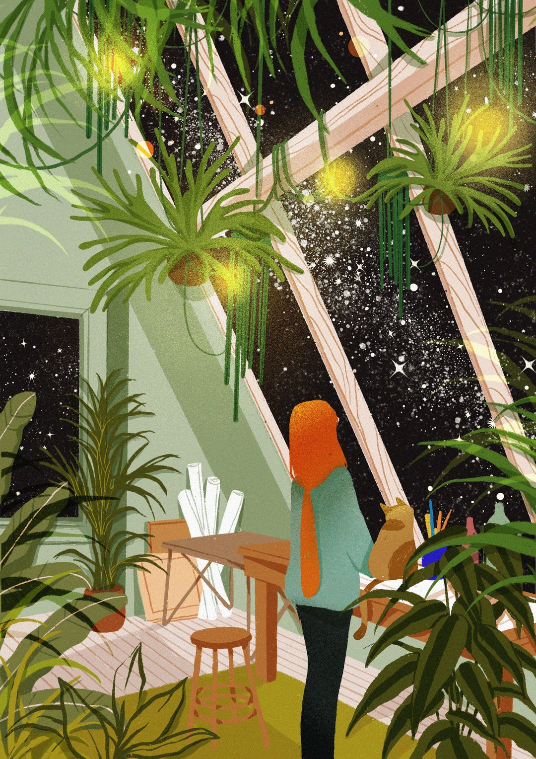 Flickering Night Lights A4 Art Print / Interior Illustration, Plant ...