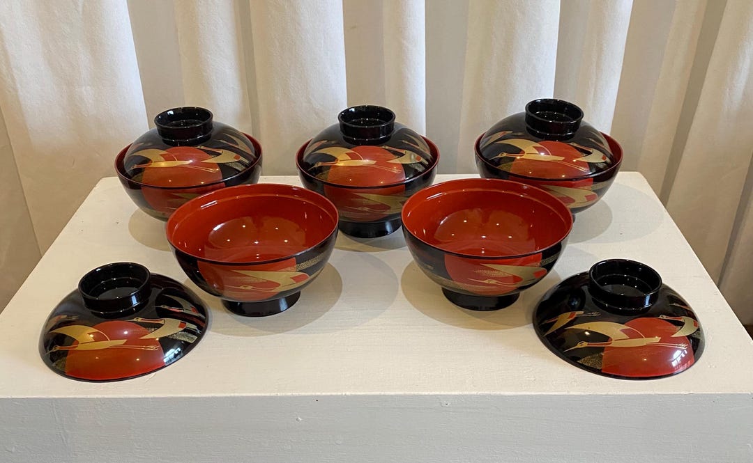 Japanese Lacquerware Bowls With Lids - Set of 5 - Crane Design ...