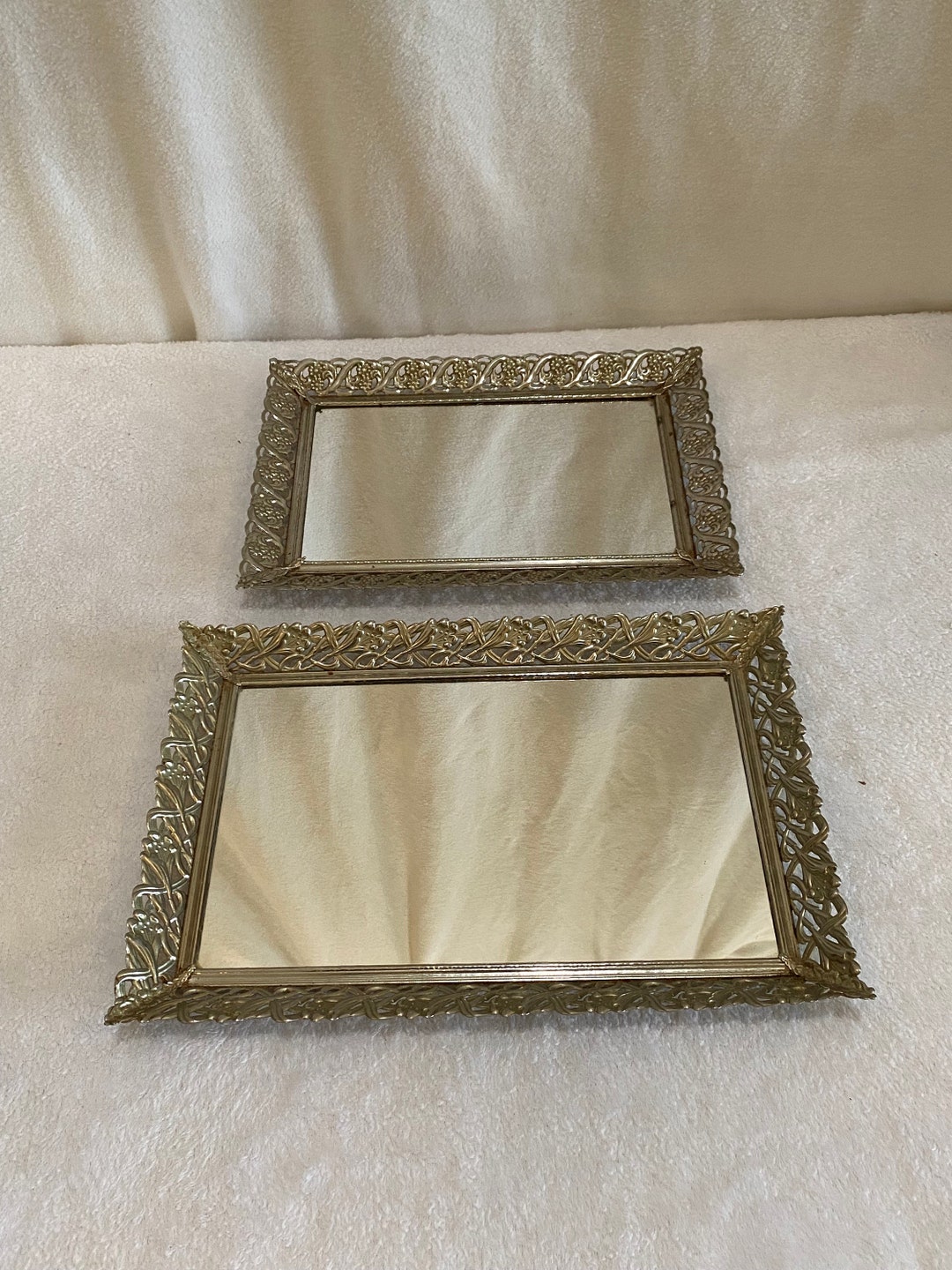 Mirrored Vanity Trays - Set of 2 - Silver Tone Filigree - Rectangle ...