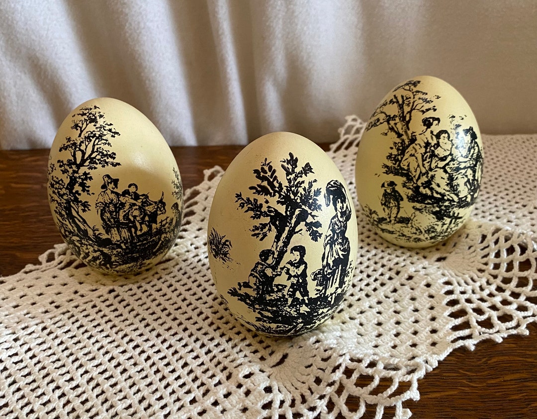 Decorative Bisque Ceramic Eggs - Set of 3 - Ivory With Black Toile ...