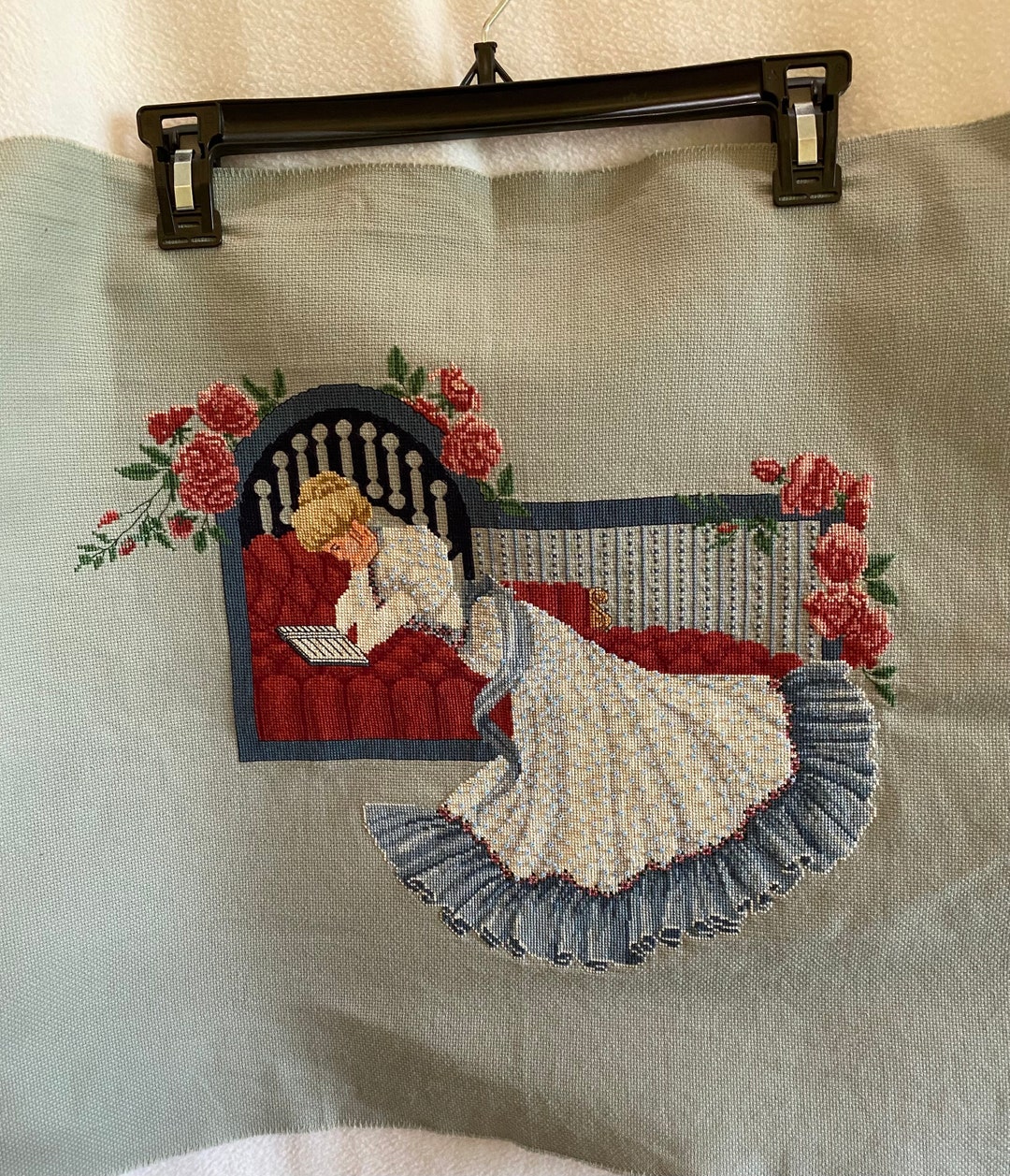 Completed Cross Stitched Sampler With Beading Victorian Lady Reading Unframed Handmade Vintage ...
