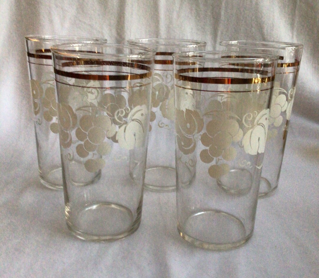 MCM Drinking Glasses With Gold Trim and Grape Motif in White set of 5 ...