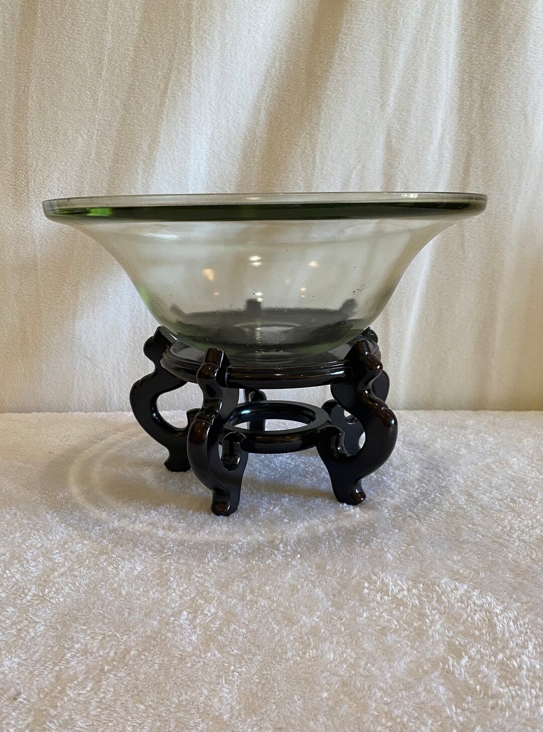 Large Clear Glass Bowl With Stand - Oriental Design - Dark Mahogany ...