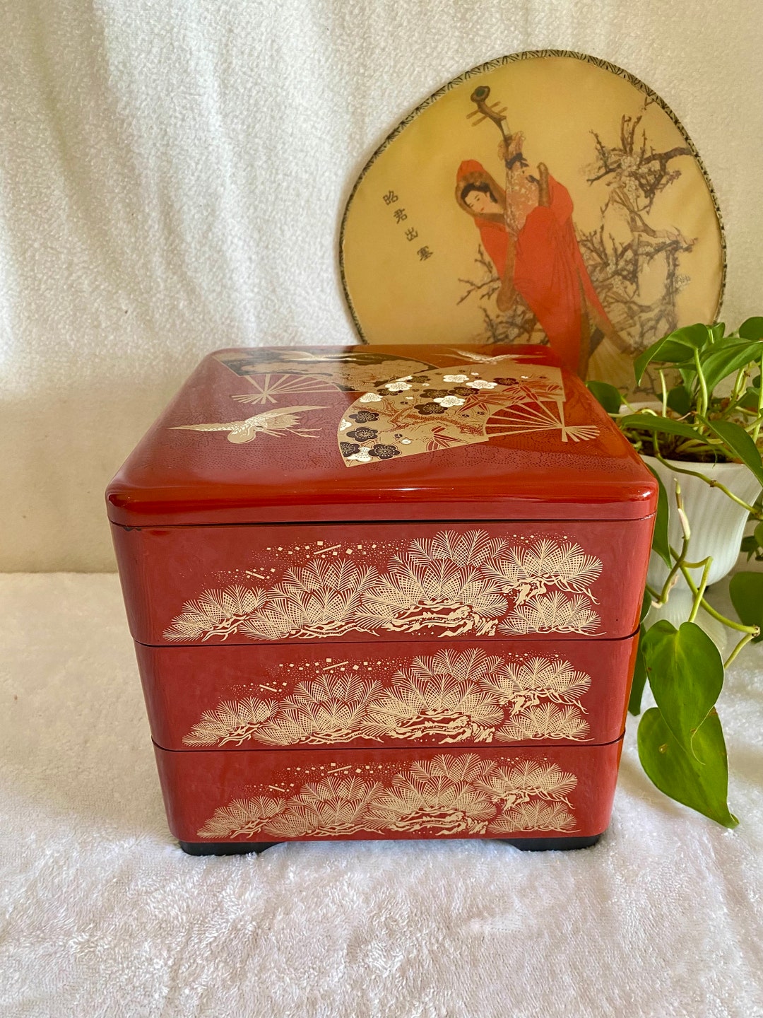 Japanese Stacking Bento Box yamanaka Asian Fan Design on Lid Red ...