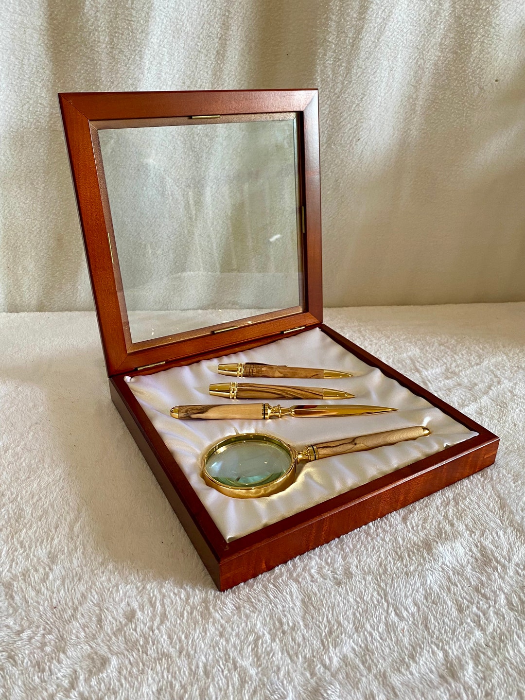 Pen/pencil Desk Set With Magnifying Glass/letter Opener in Padded ...