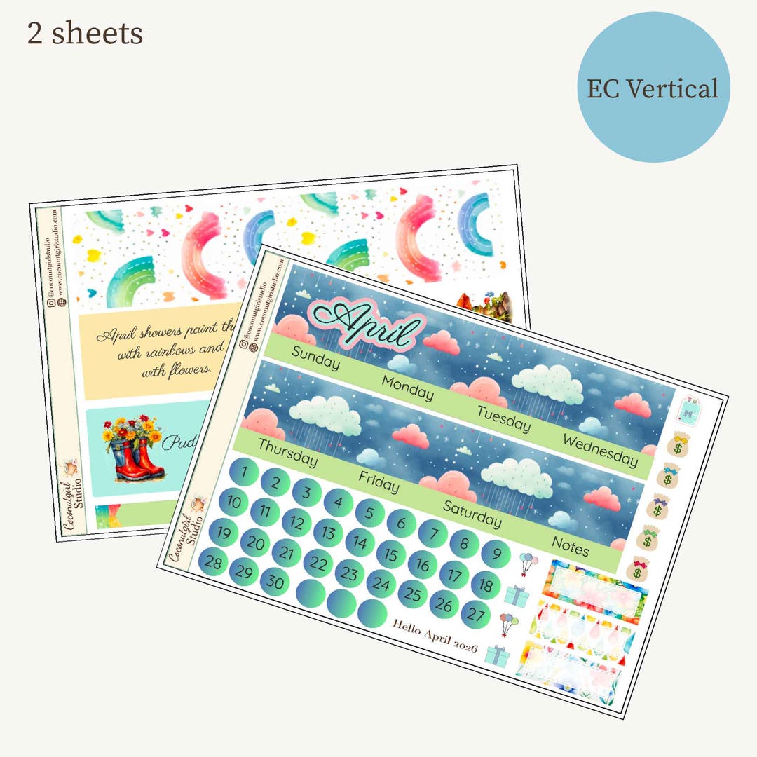 April Monthly Overview Sticker Kit, Spring Floral Planner Stickers ...