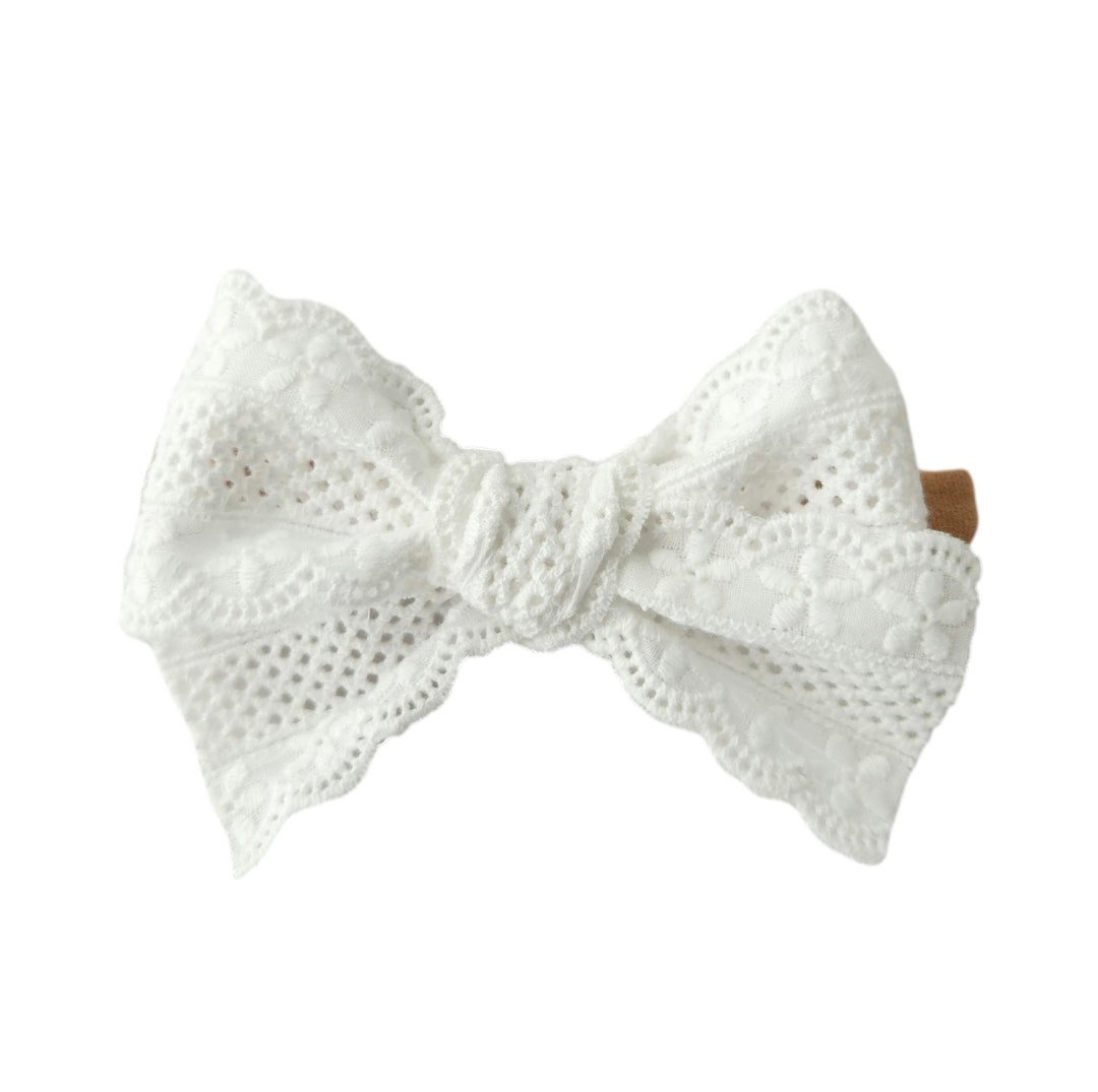 White Eyelet Baby Bow, on a Nylon Band, Lace Bows for Toddlers, for ...