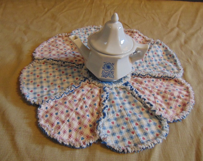 Country Patchwork Hearts 16" Rag Quilt Candle Mat Table Centerpiece ...