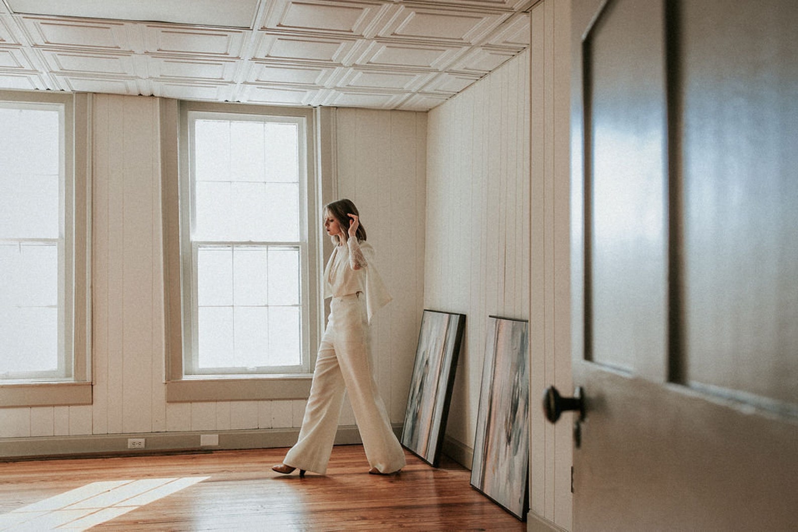 Modern Bridal Suit Wide Leg Cape Sleeves Wedding Dress | Etsy