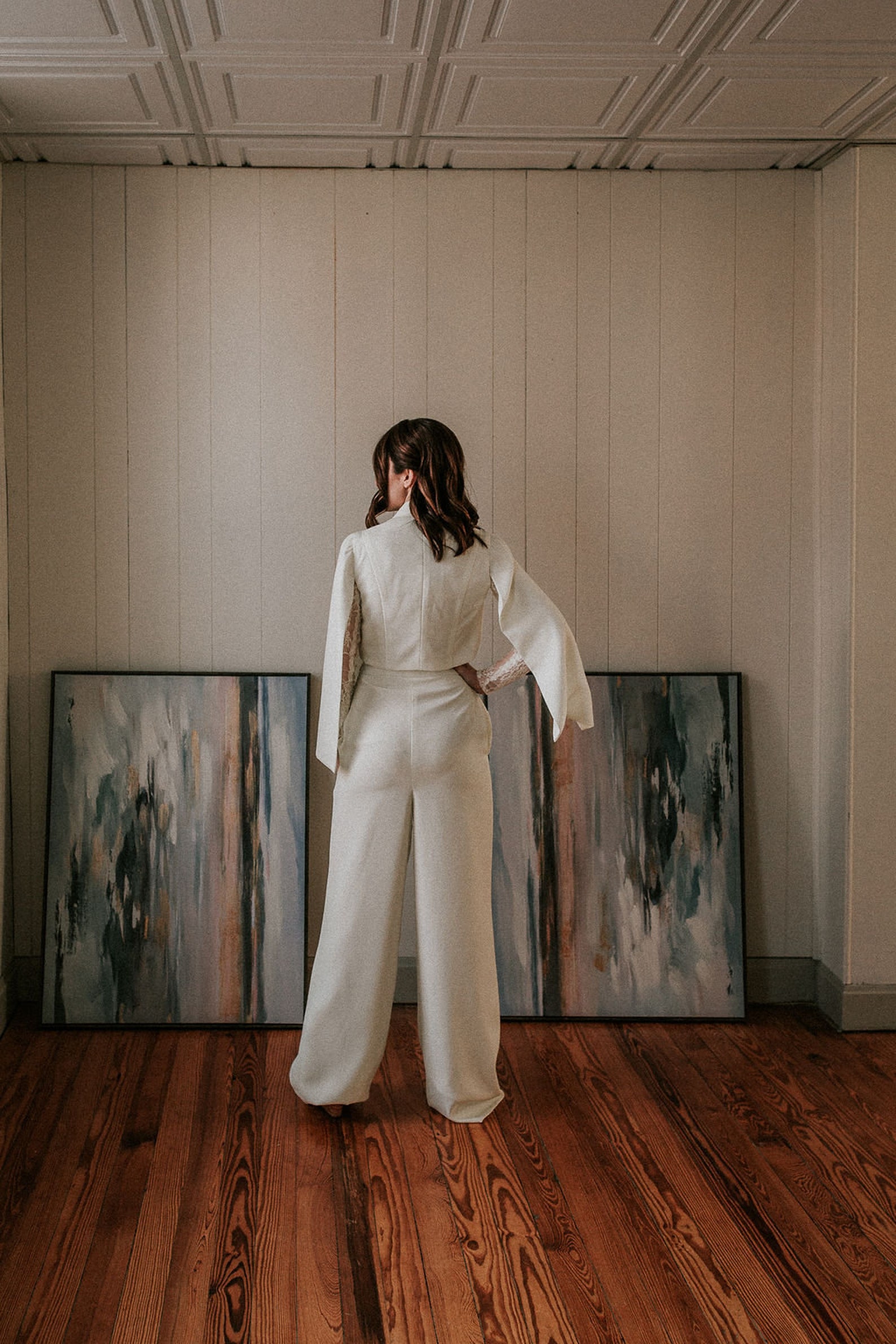 Modern Bridal Suit Wide Leg Cape Sleeves Wedding Dress - Etsy