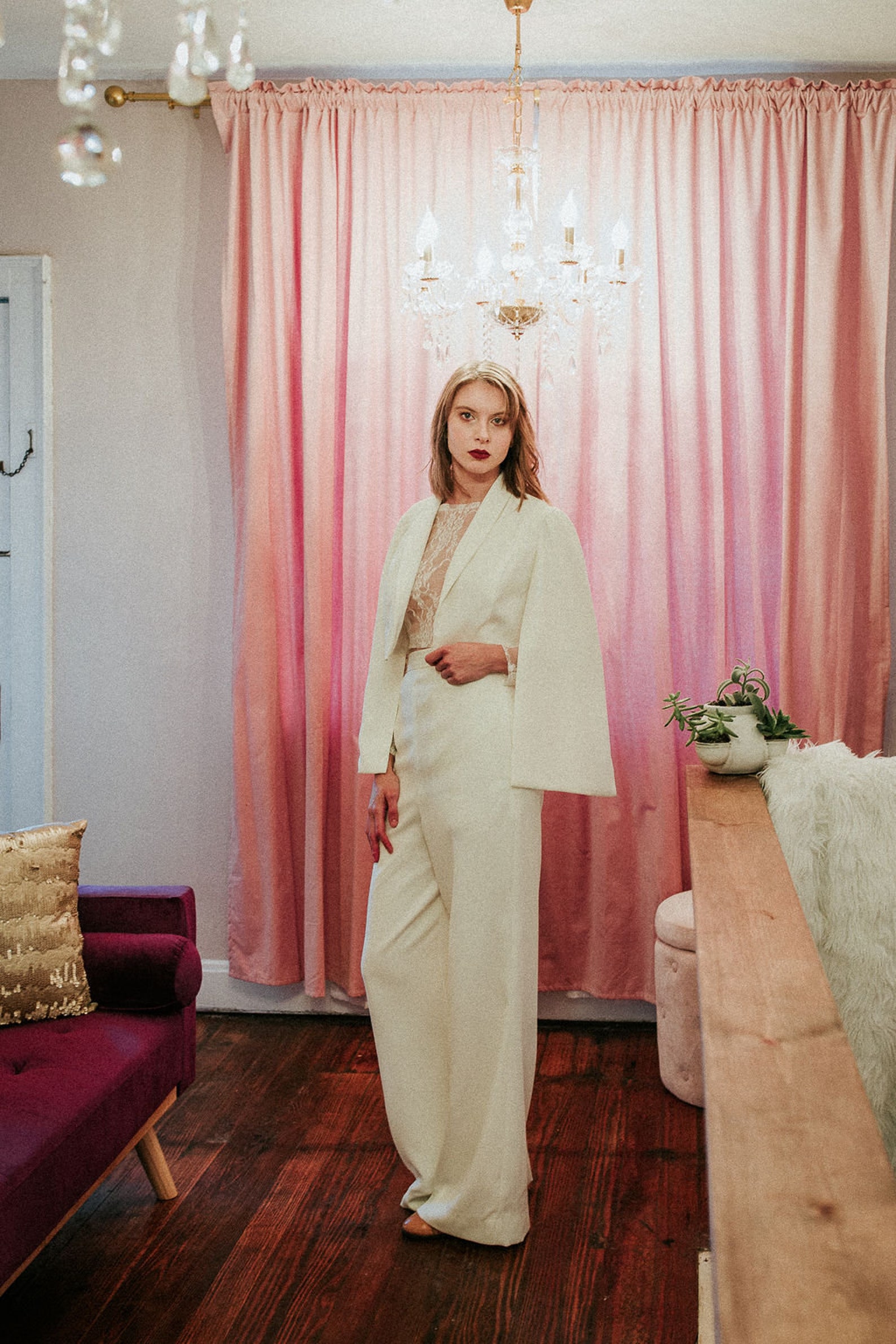 Modern Bridal Suit Wide Leg Cape Sleeves Wedding Dress | Etsy