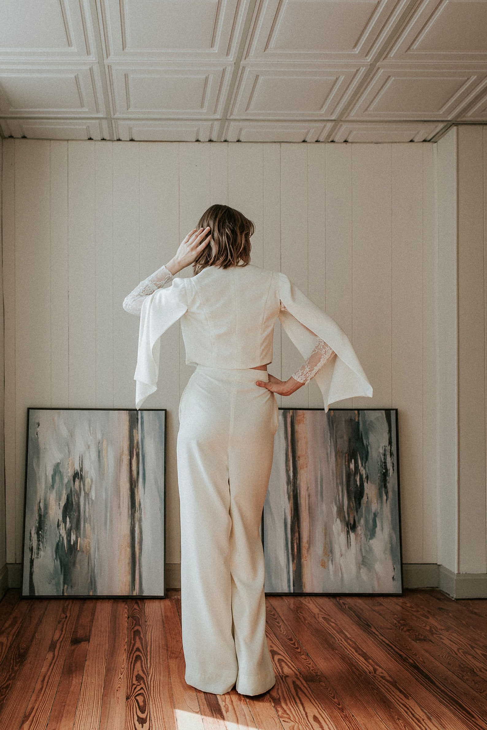 Modern Bridal Suit Wide Leg Cape Sleeves Wedding Dress - Etsy