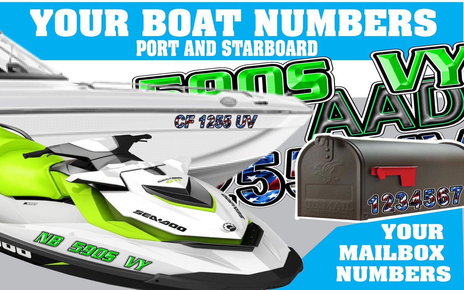 Light Blue Metallic Boat Registration Numbers and Letters Decals Vinyl ...