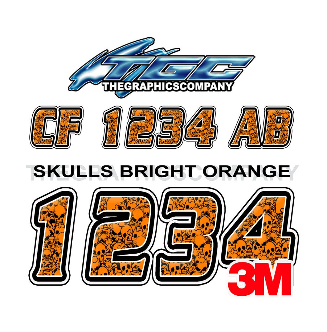Skulls Bright Orange Boat Registration Numbers and Letters Decals Vinyl ...