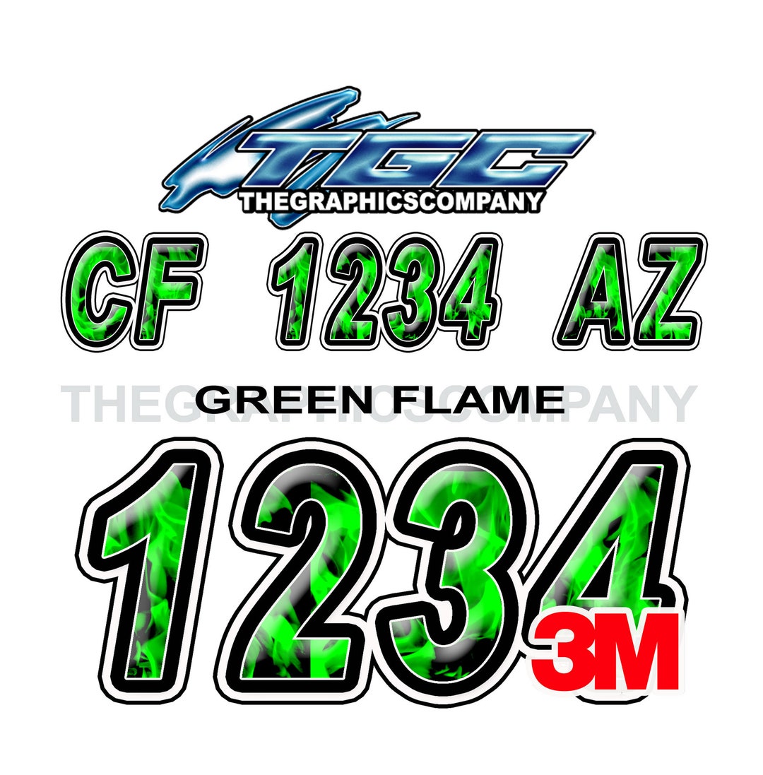 Green Flame Registration Numbers and Letters Decals Vinyl Names and ...