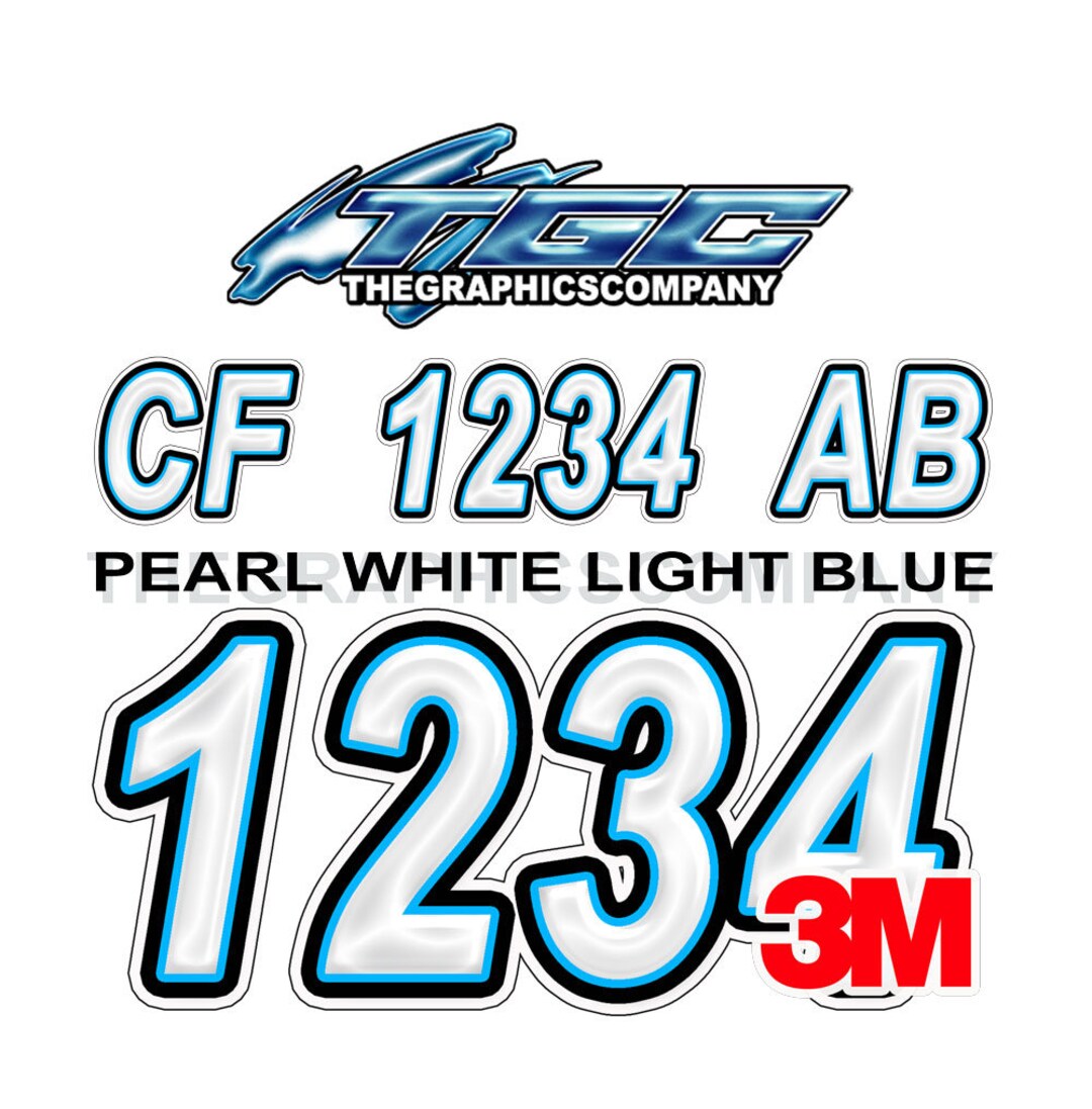 Pearl White Light Blue Boat Registration Numbers and Letters Decals ...