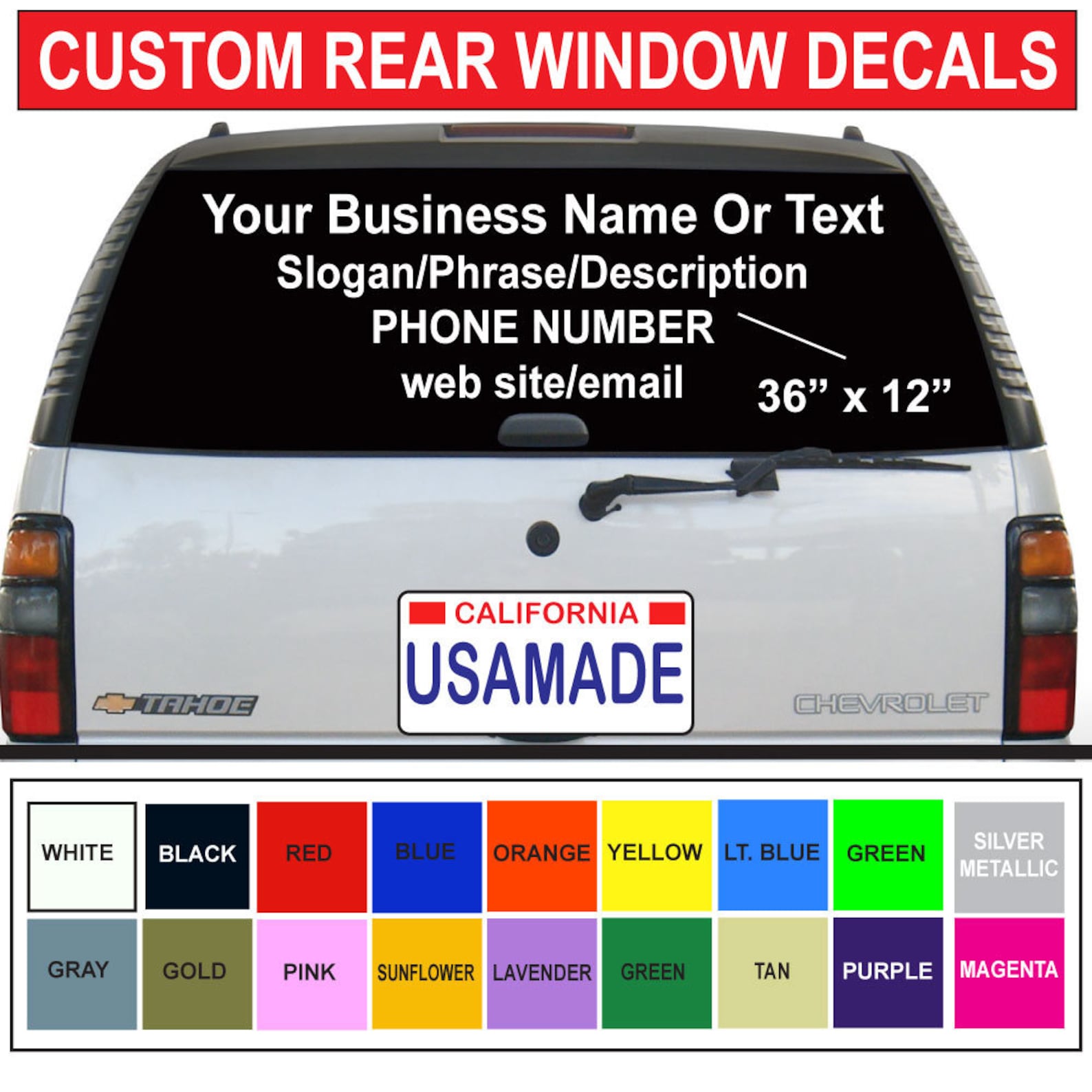 Custom 36 X 12 Rear Car Auto Window Decals Cut Vinyl Stickers White or ...