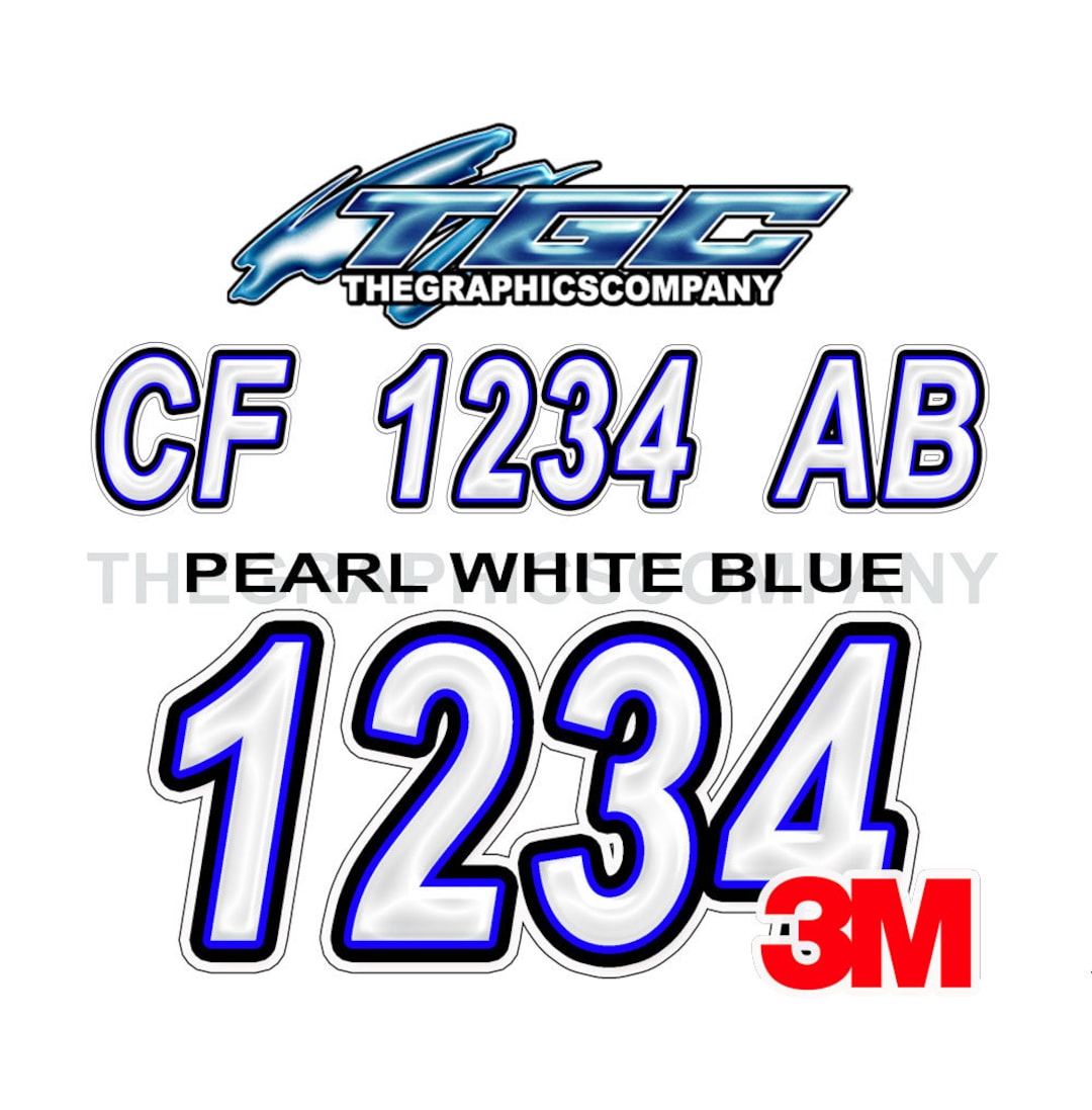 Pearl White Blue Registration Numbers and Letters Decals Vinyl Names ...