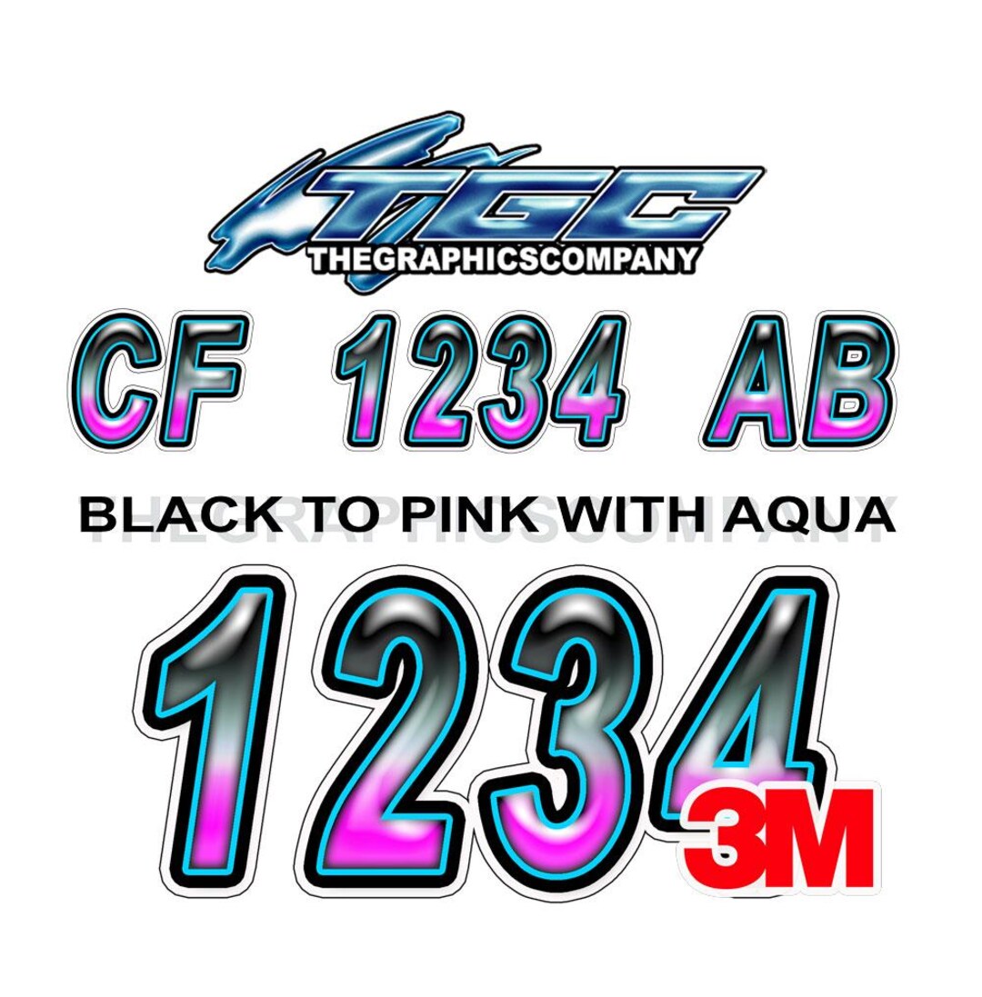 Black to Pink With Aqua Boat Registration Numbers or Letter Decals ...