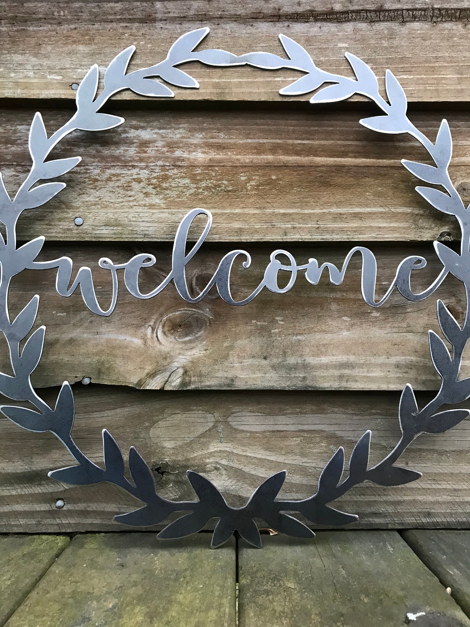 Leaf Wreath Welcome Metal Sign/ Metal Wall Art/ Farmhouse Cottage Style ...