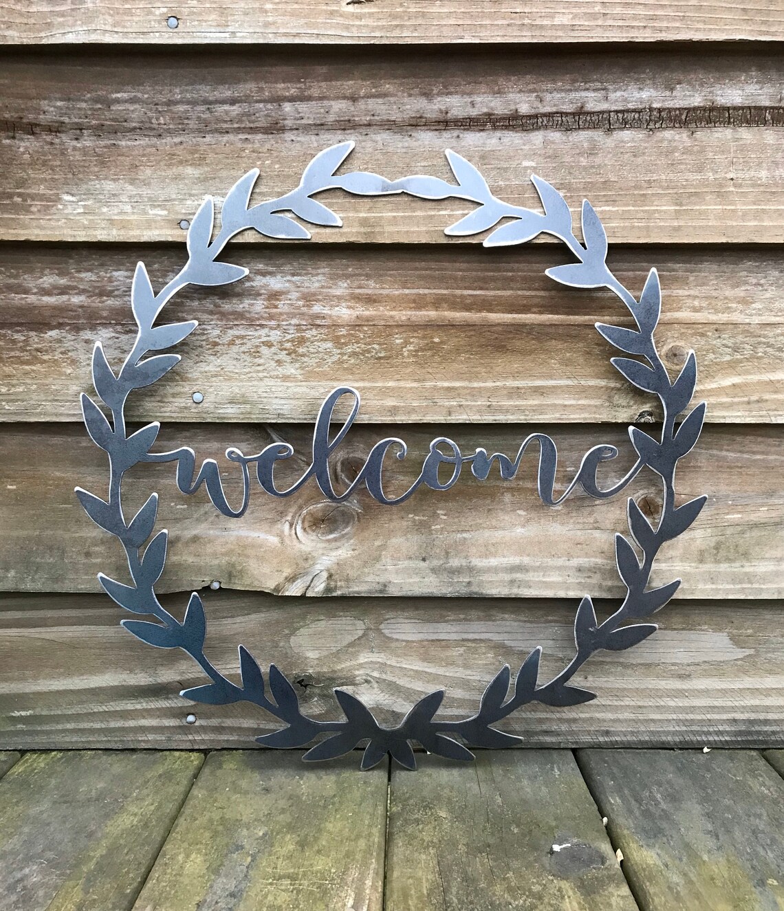 Leaf Wreath Welcome Metal Sign/ Metal Wall Art/ Farmhouse Cottage Style ...