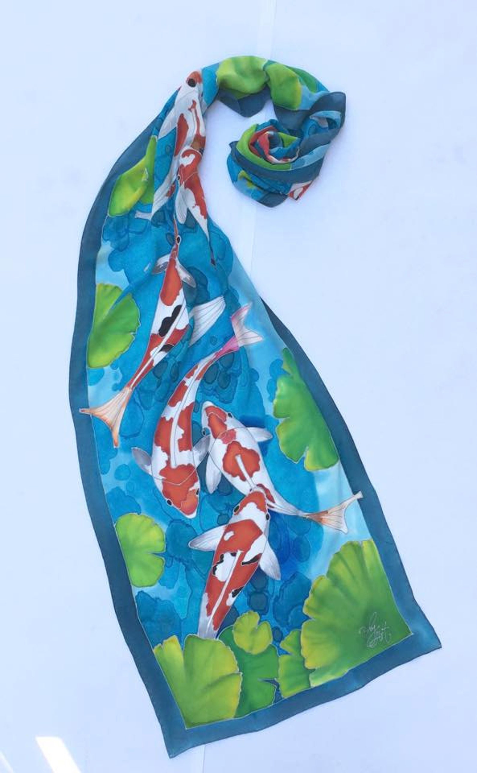 Hand Painted Silk Scarf Koi, Blue Silk Scarf, Red Koi Scarf, Crepe De ...