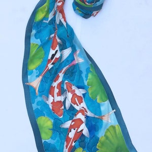 Hand Painted Silk Scarf Koi, Blue Silk Scarf, Red Koi Scarf, Crepe De ...