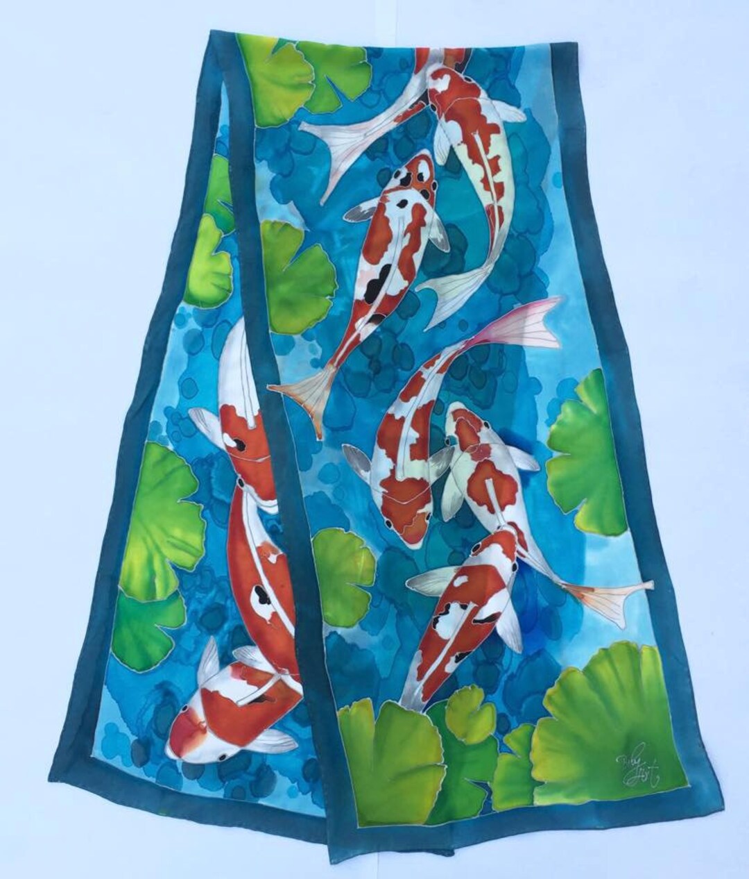 Hand Painted Silk Scarf Koi, Blue Silk Scarf, Red Koi Scarf, Crepe De ...